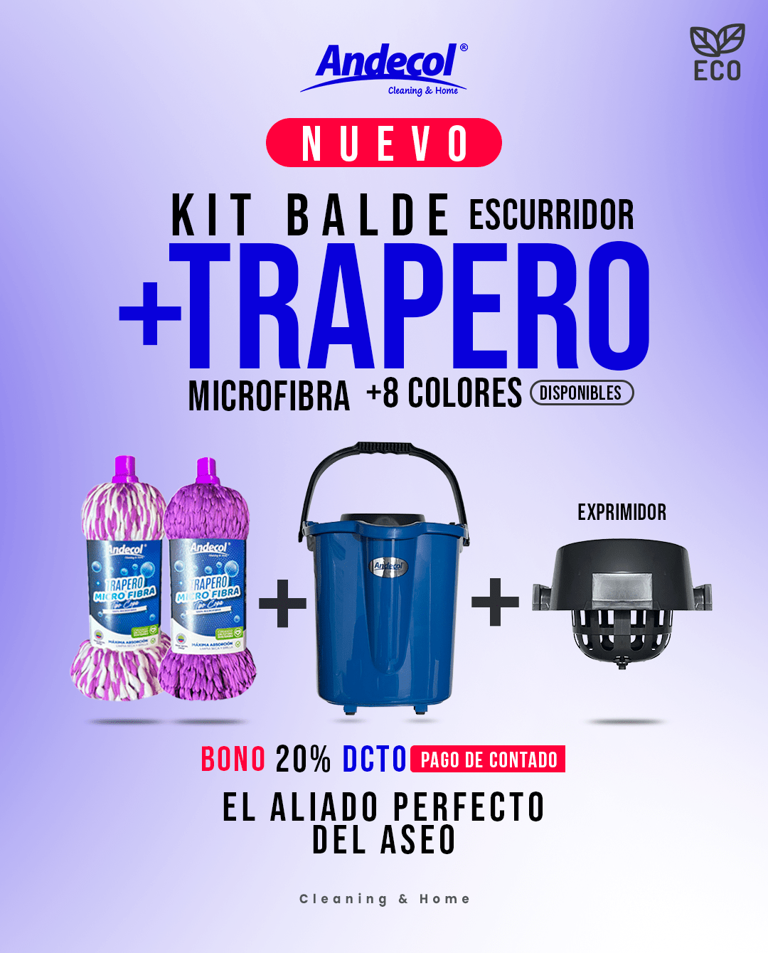Kit balde escurridor + 2 Traperos de Microfibra – Andecol